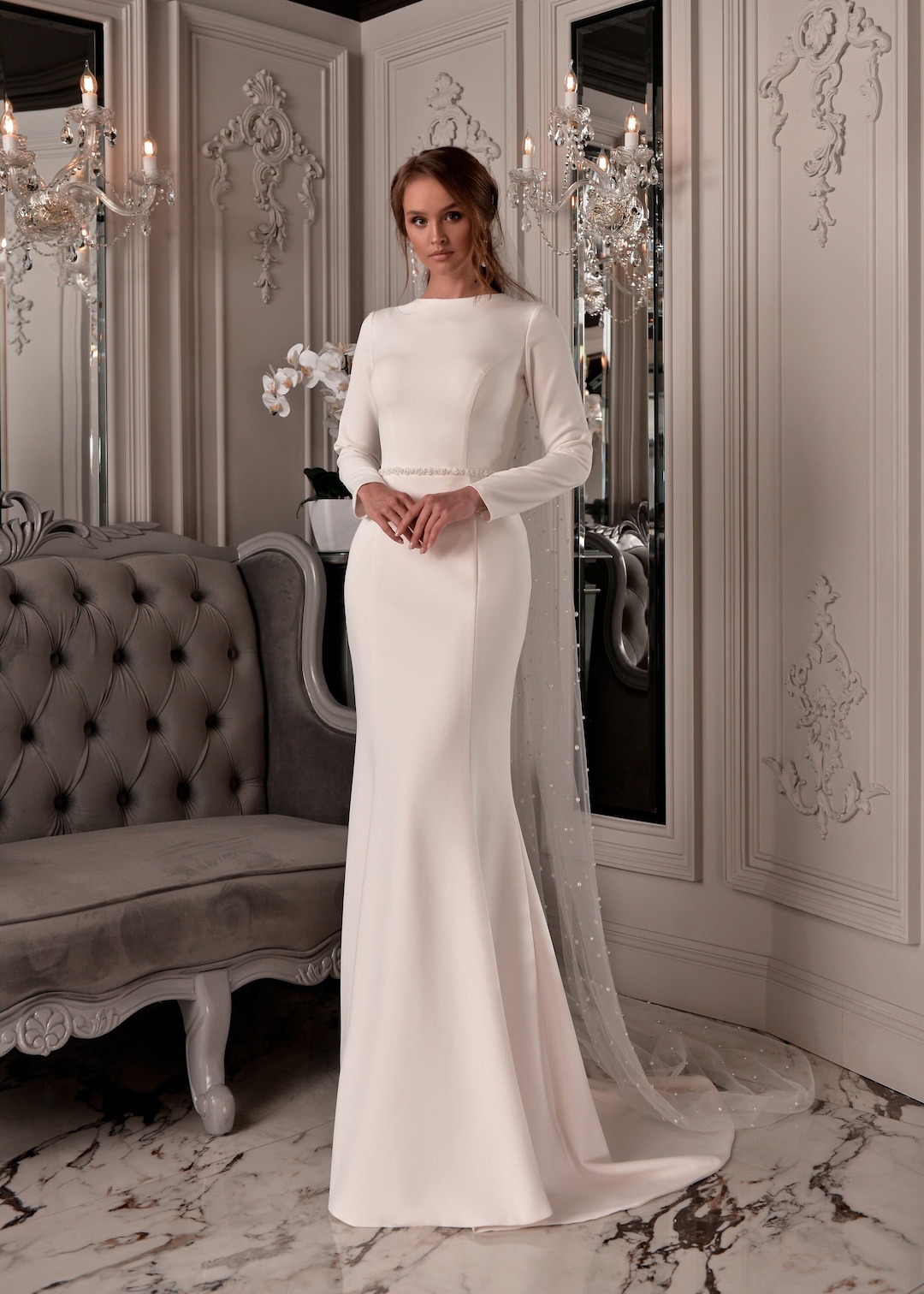 Crepe Wedding Dress, Long Sleevebridal Dress, Wedding Gown, Elegant ...