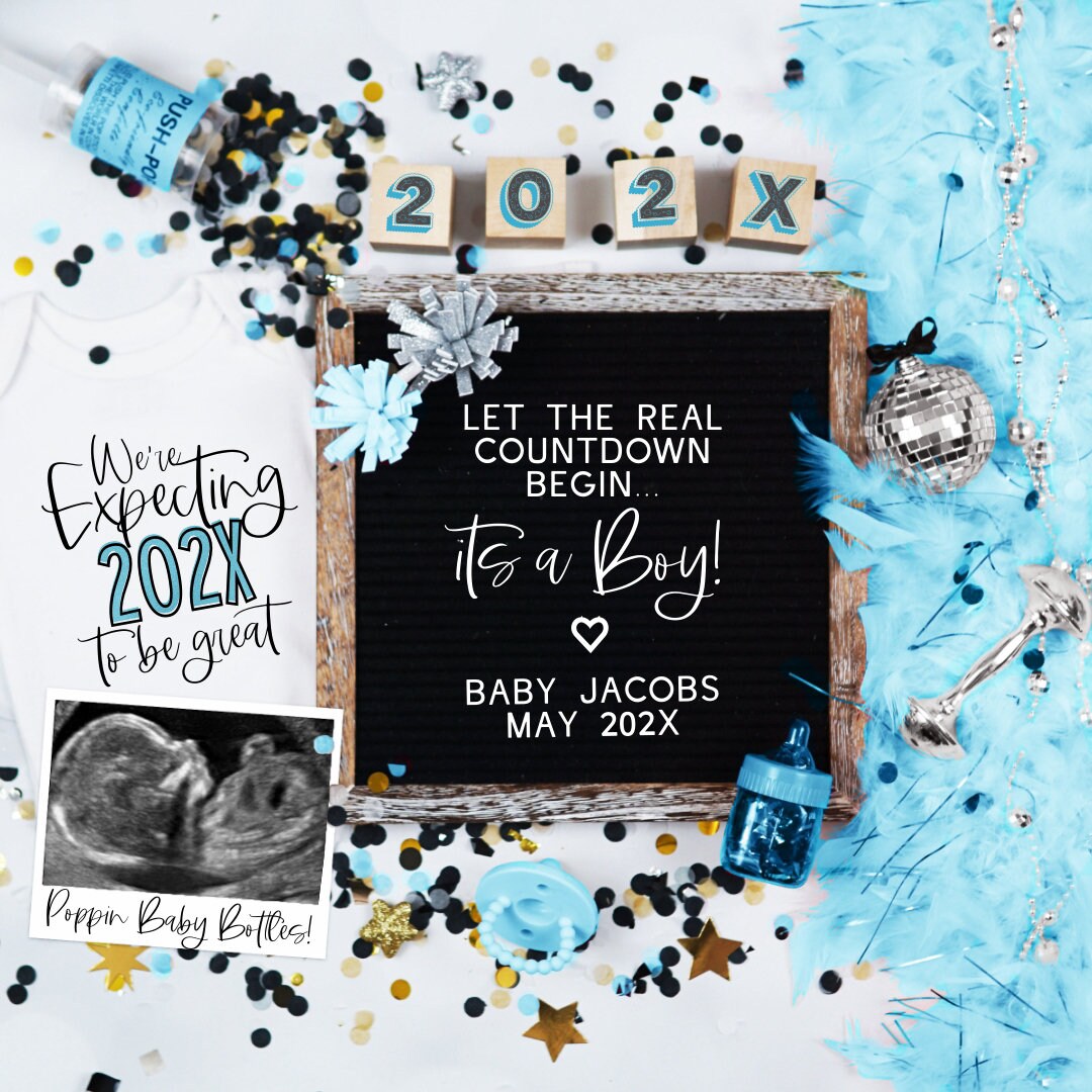 Baby Boy New Year's Pregnancy Announcement: Blue NYE Digital (editable ...