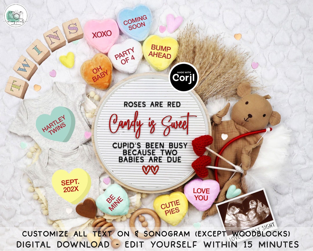 Valentines Day Cupid Twins Pregnancy Announcement Digital Vday Twin ...