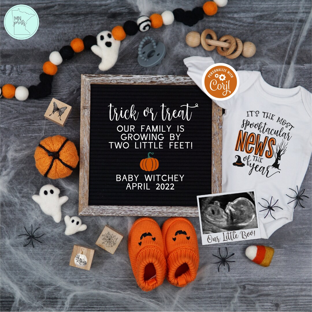 Editable Halloween Pregnancy Announcement, Digital Trick or Treat Baby ...