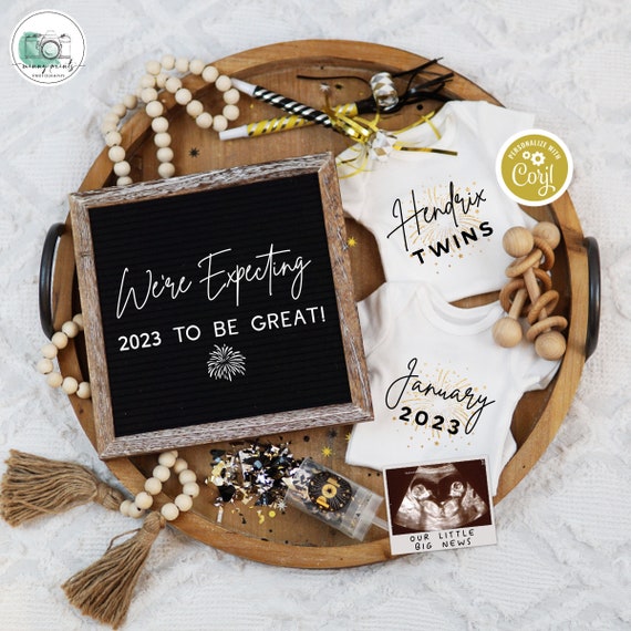 Boho New Years Twins Pregnancy Announcement Digital, Editable New Years ...