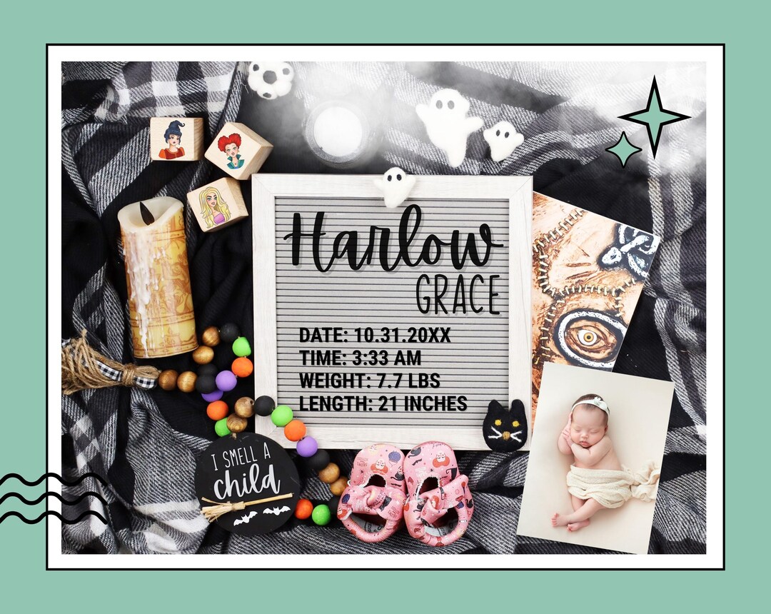 Hocus Pocus Baby Girl Birth Announcement - Halloween Witch Canva ...