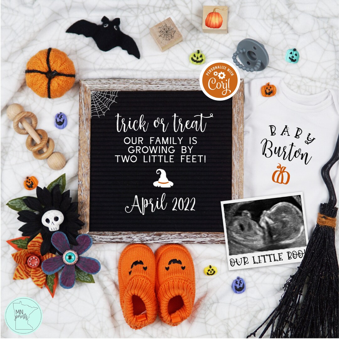Editable Halloween Pregnancy Announcement, Digital Trick or Treat Baby ...