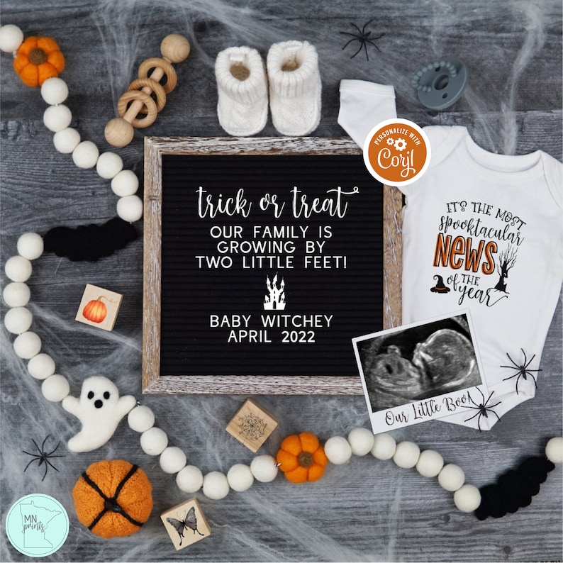 Editable Halloween Pregnancy Announcement: Trick or Treat Baby Reveal ...