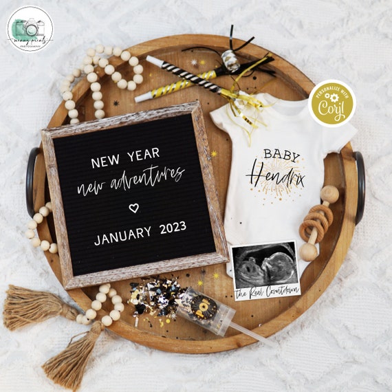 Boho New Years Pregnancy Announcement Digital, Editable New Year New ...