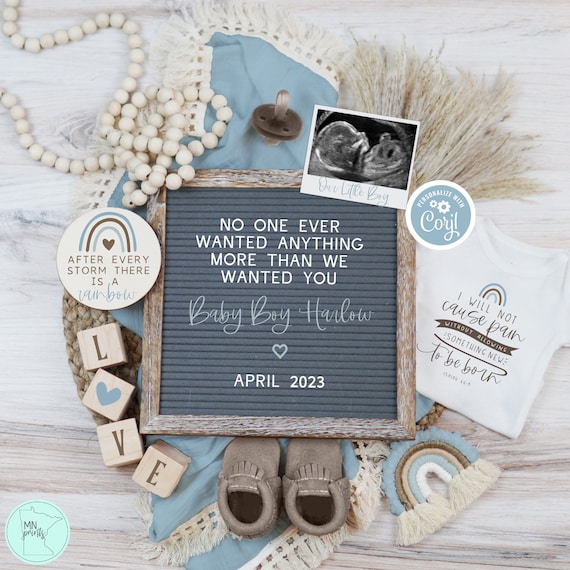 Boy Rainbow Baby Pregnancy Announcement, Editable Boho Blue Isaiah 66:9 ...