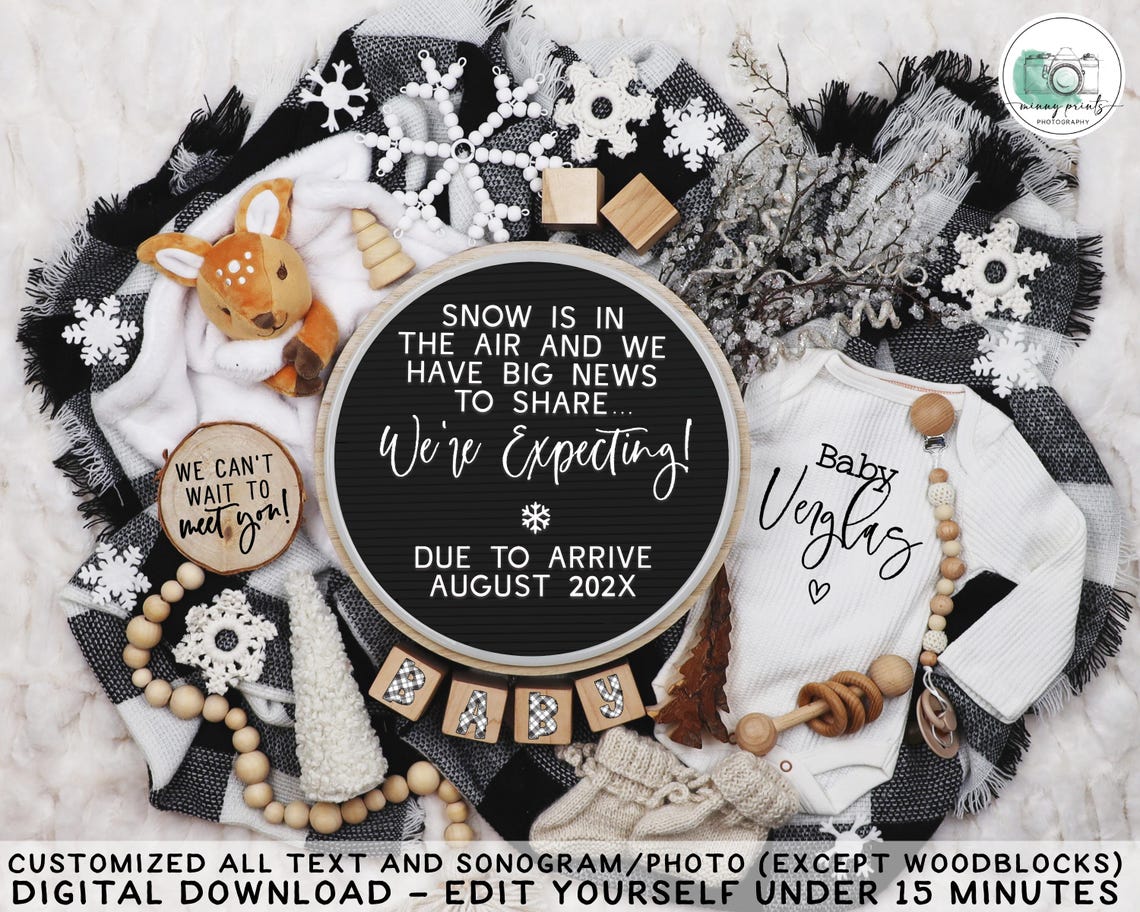 Winter Pregnancy Announcement: Snowflakes Editable Template (digital ...
