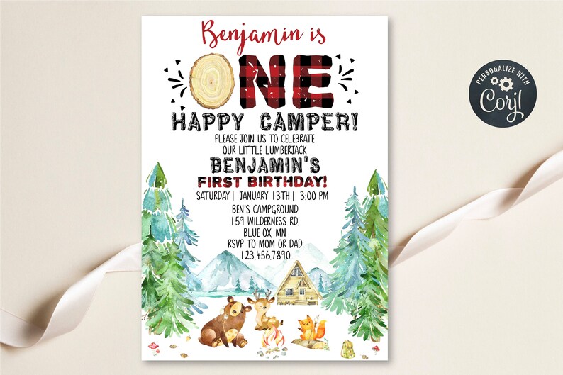 EDITABLE One Happy Camper Birthday Invitation Lumberjack | Etsy