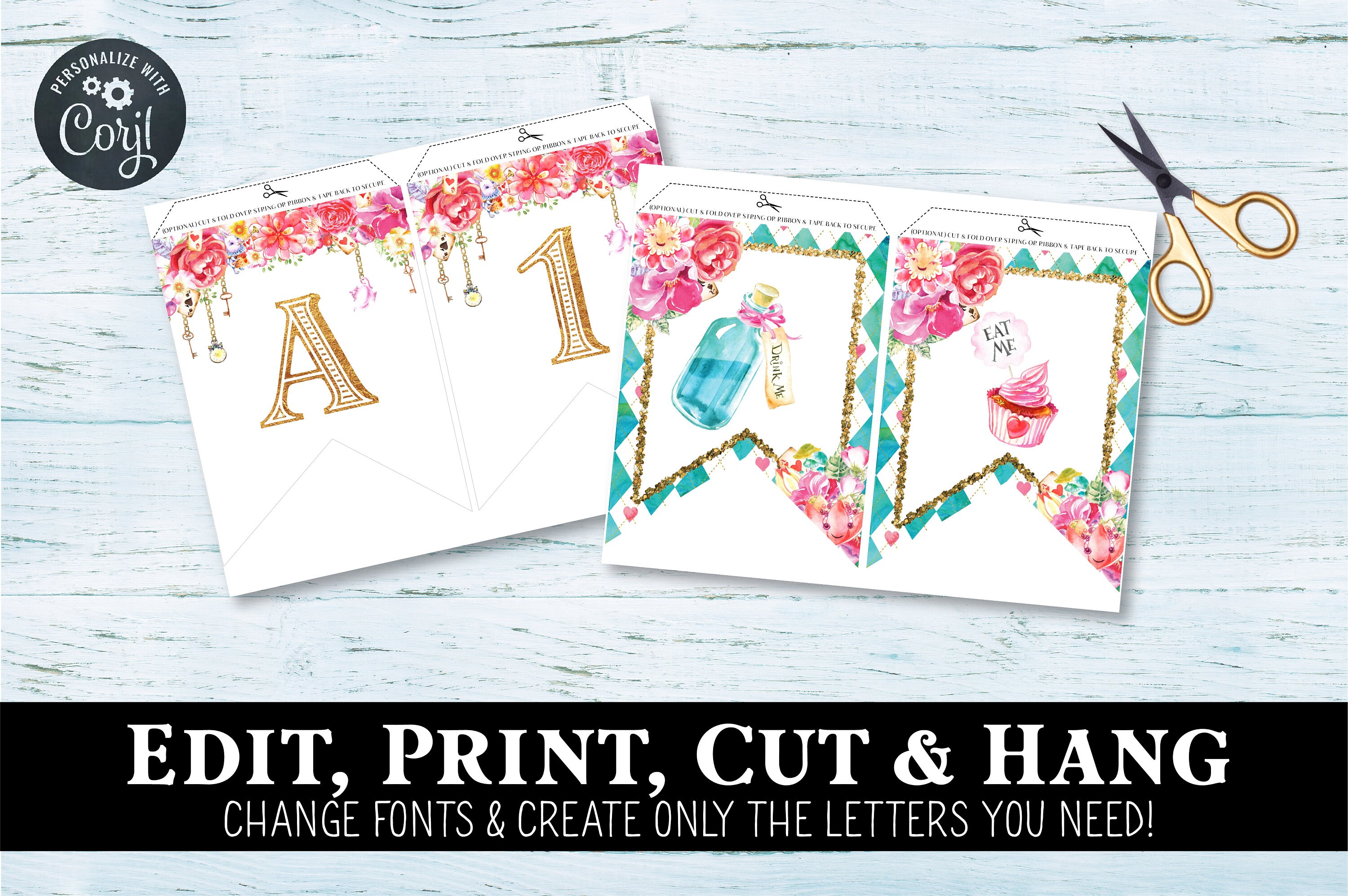 EDITABLE Alice in Wonderland Banner Banner Pennant Bunting | Etsy