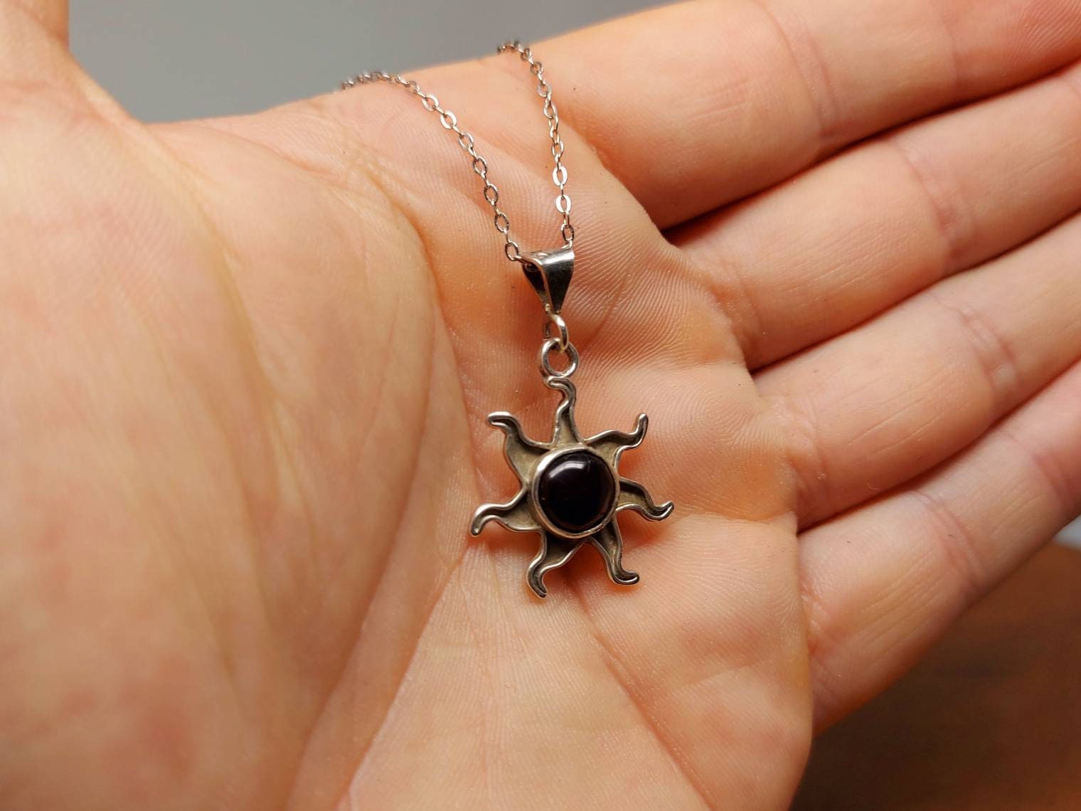 Natural dark red amber silver sun necklace | Etsy
