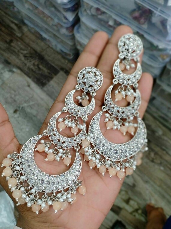 Silver Polki Indian Earrings Indian Jewelry Indian Earrings Bollywood Jewelry Pakistani Jewelry Wedding Jewelry Silver Earrings Etsy