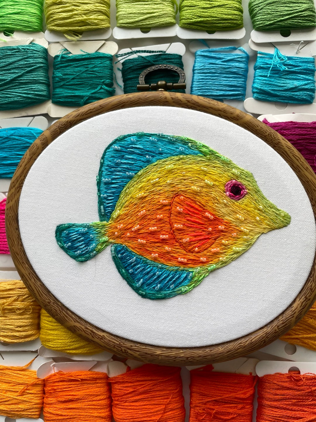 Neon Tang Hanging Out in the Bubbles 5'' Oval Handmade Fish Embroidery ...