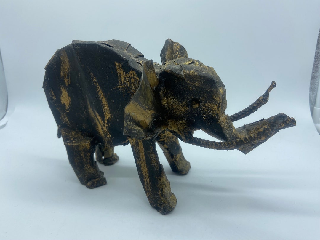 Scrap Metal Art Sculpture Elephant Black Gold Jungle African Decor ...
