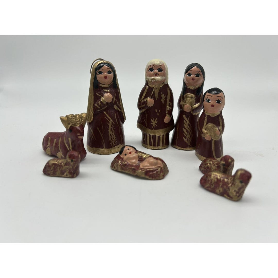 Mexican Nativity Figures Mexico FOLK ART Clay Hand Painted Set of 9 ...