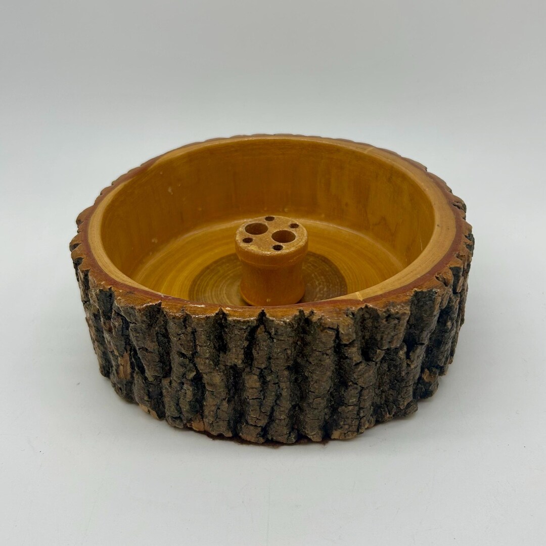 Vintage Solid Wood Tree Bark Nut Bowl Handcrafted MCM Rustic Xmas ...