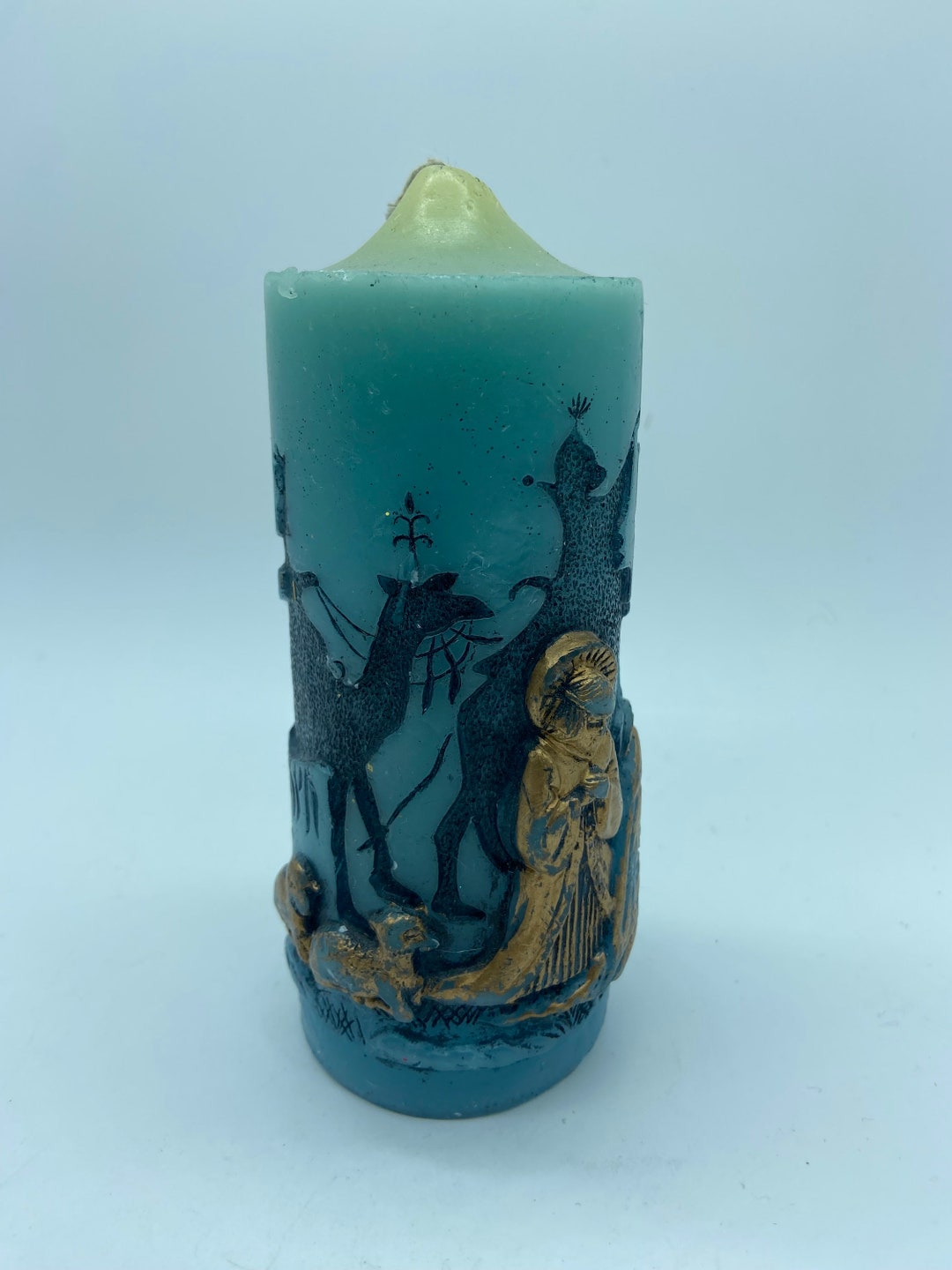Vintage Christmas Adoration Nativity Pillar Candle Antique Blue Gold ...