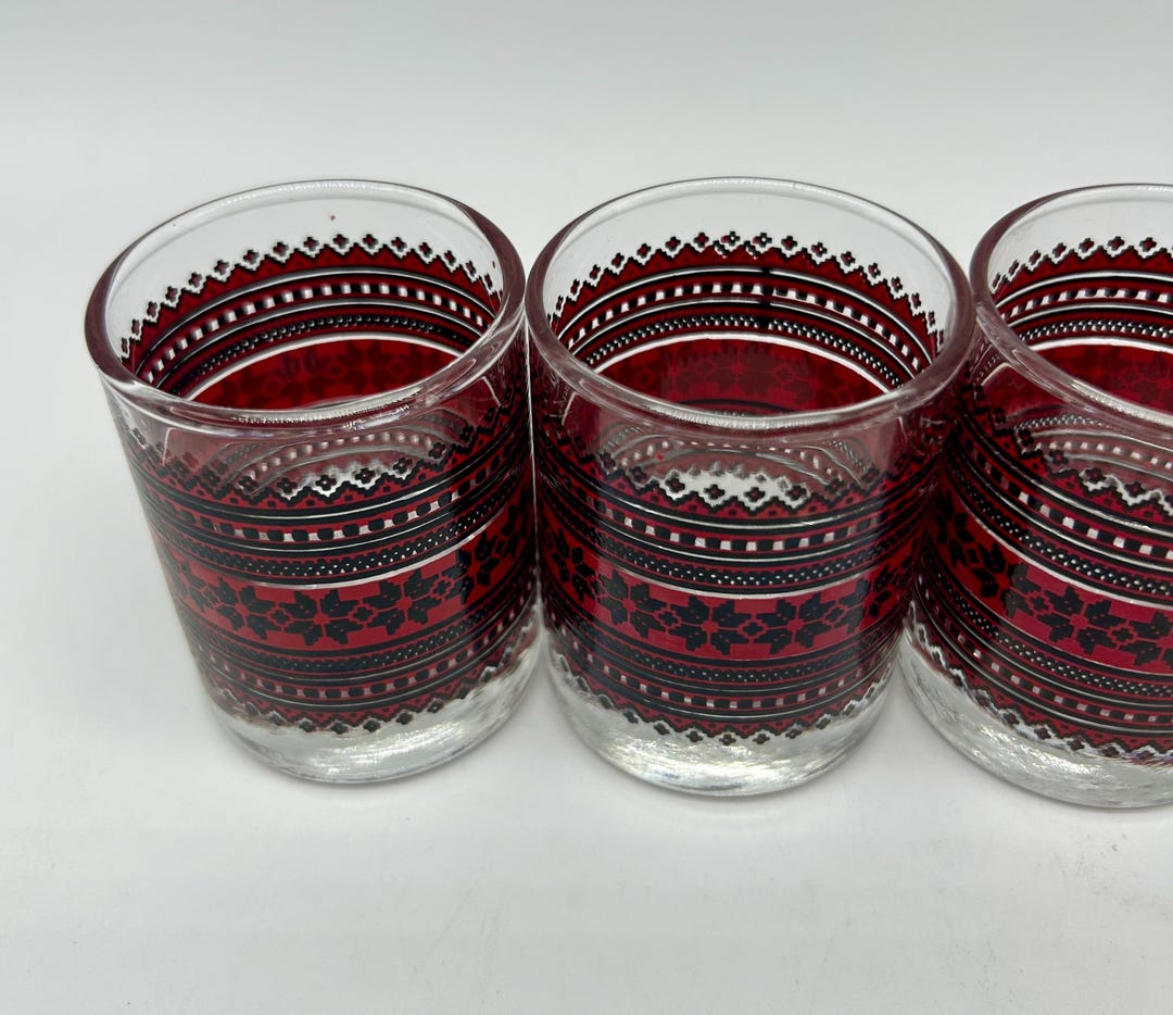 Vintage Libbey Ukrainian Red Black Stitch Pattern Shot Glasses Set 4 ...