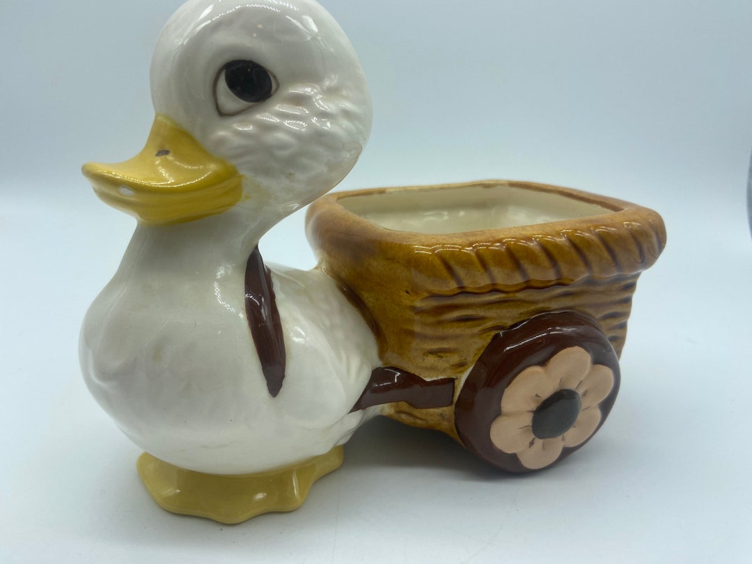 Vintage Anthropomorphic Duck Wagon Planter Kitsch Yellow Brown ...