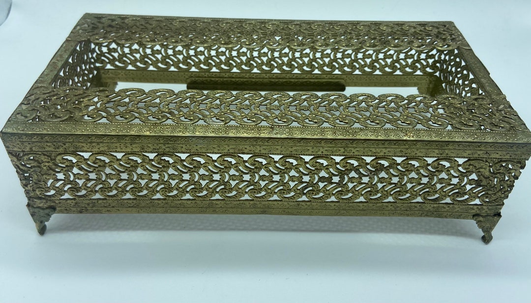 Vintage Brass Tissue Box Cover Dispenser Gold Tone Ornate Metal ...
