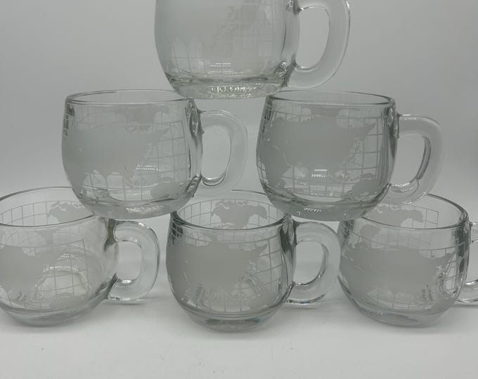 Vintage Nestle Etched Glass World Globe Coffee Mugs Cups- Set of Six ...
