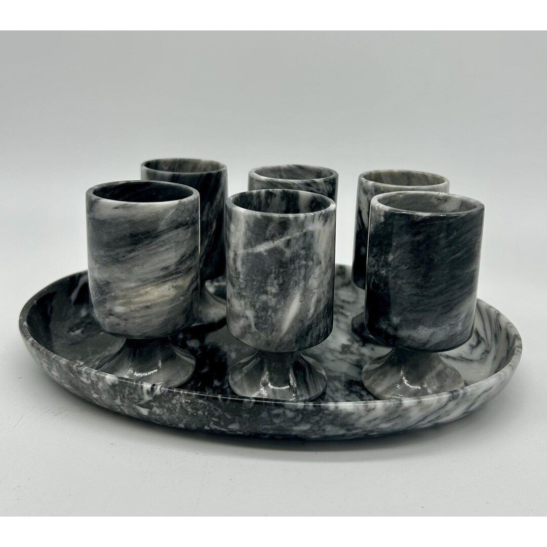 Vintage Gray Onyx Marble Stone Shot Glasses & Tray Set Stemmed Vintage ...