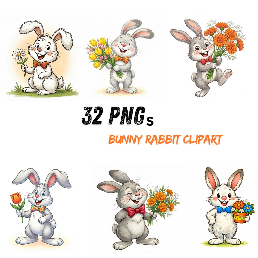 Easter Bunny Clipart Set – Watercolor Cartoon Rabbits (32 PNG Files ...