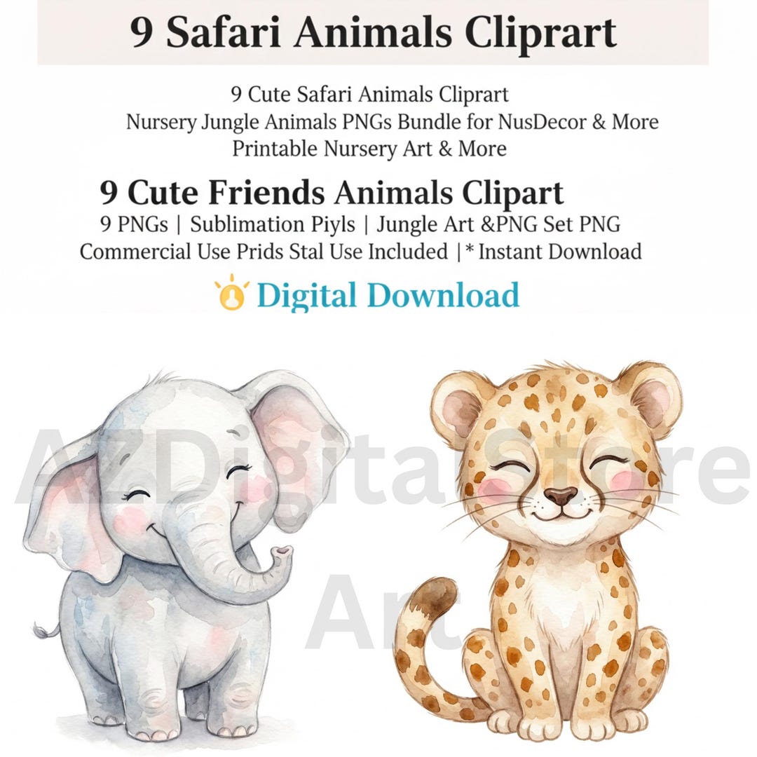 9 Cute Watercolor Safari Animals Clipart - Lion, Giraffe, Elephant ...