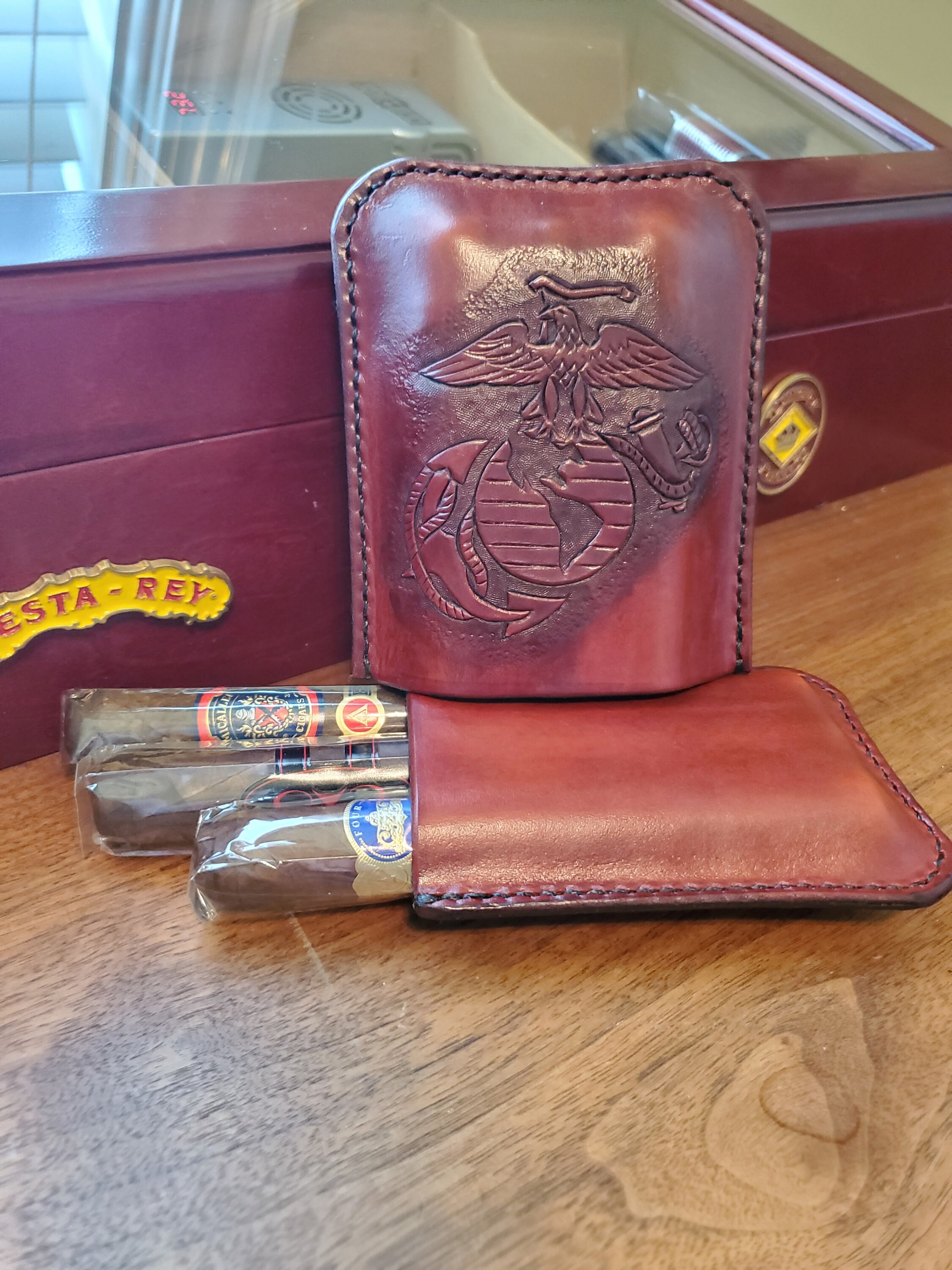 Marine Themed Leather Cigar Case, Decorated With Hand Carved Marine ...
