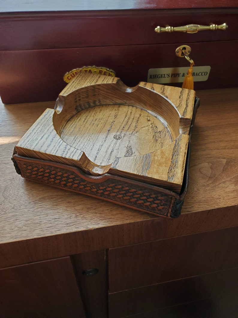 Handmade Leather and Wood Cigar Ashtray With Hand Carved Decoration. - Etsy