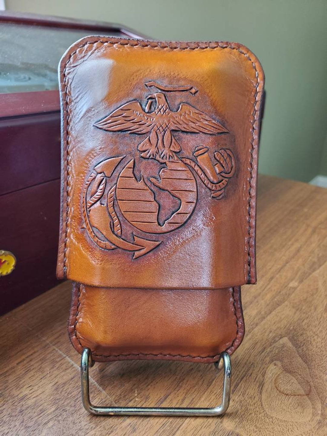 Marine Themed Leather Cigar Case, Decorated With Hand Carved Marine ...