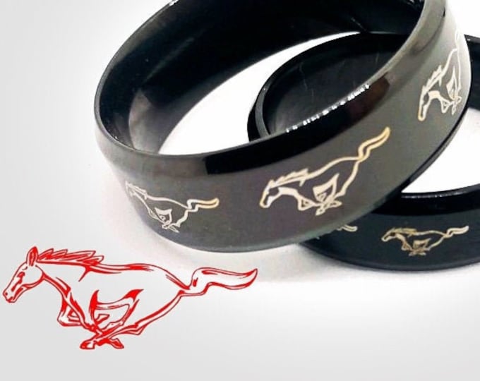 Laser Engraved Ford Mustang Ring ~ Running Pony - Black Stainless Steel ...