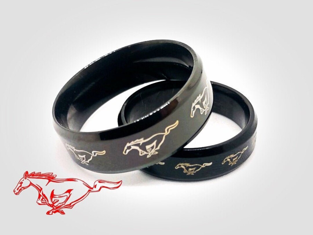 Laser Engraved Ford Mustang Ring ~ Running Pony - Black Stainless Steel ...
