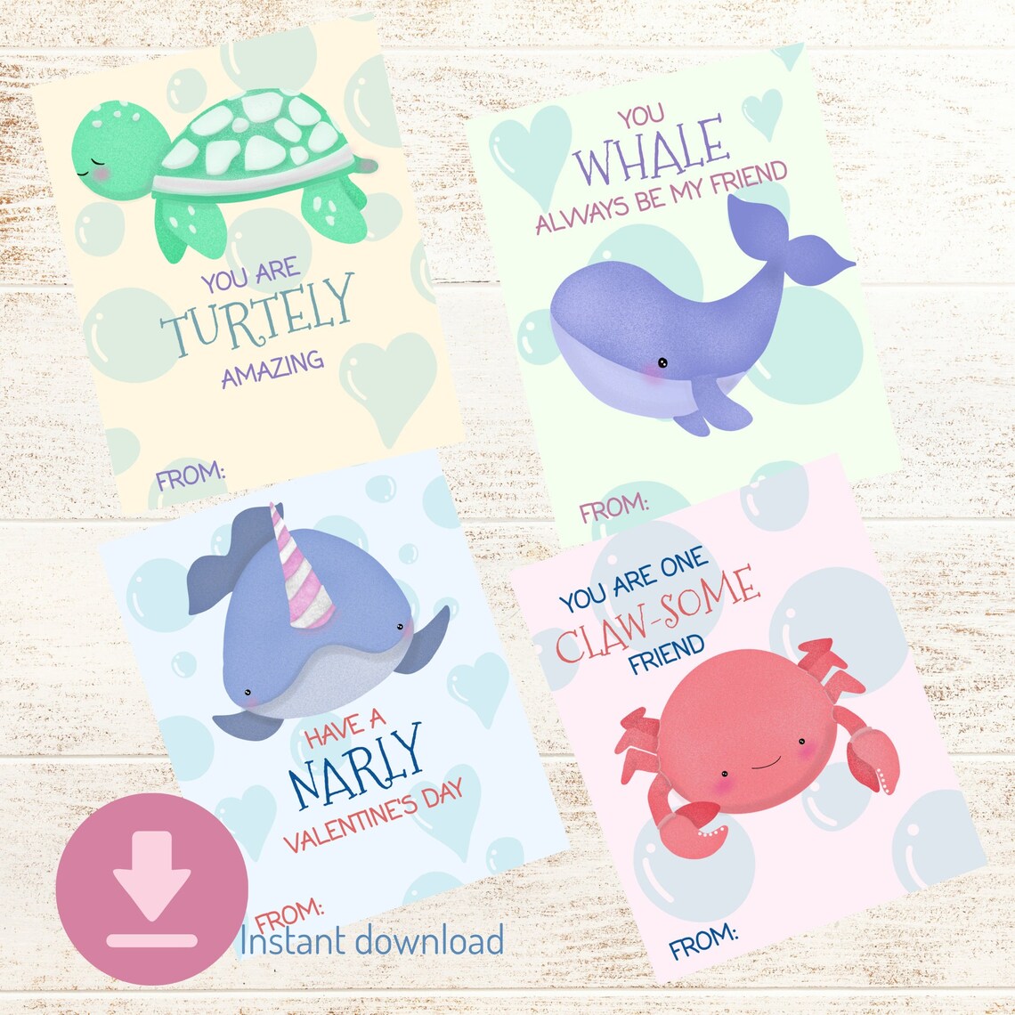 Printable Valentine's Day Cards for Kids DIGITAL DOWNLOAD Ocean Animals ...