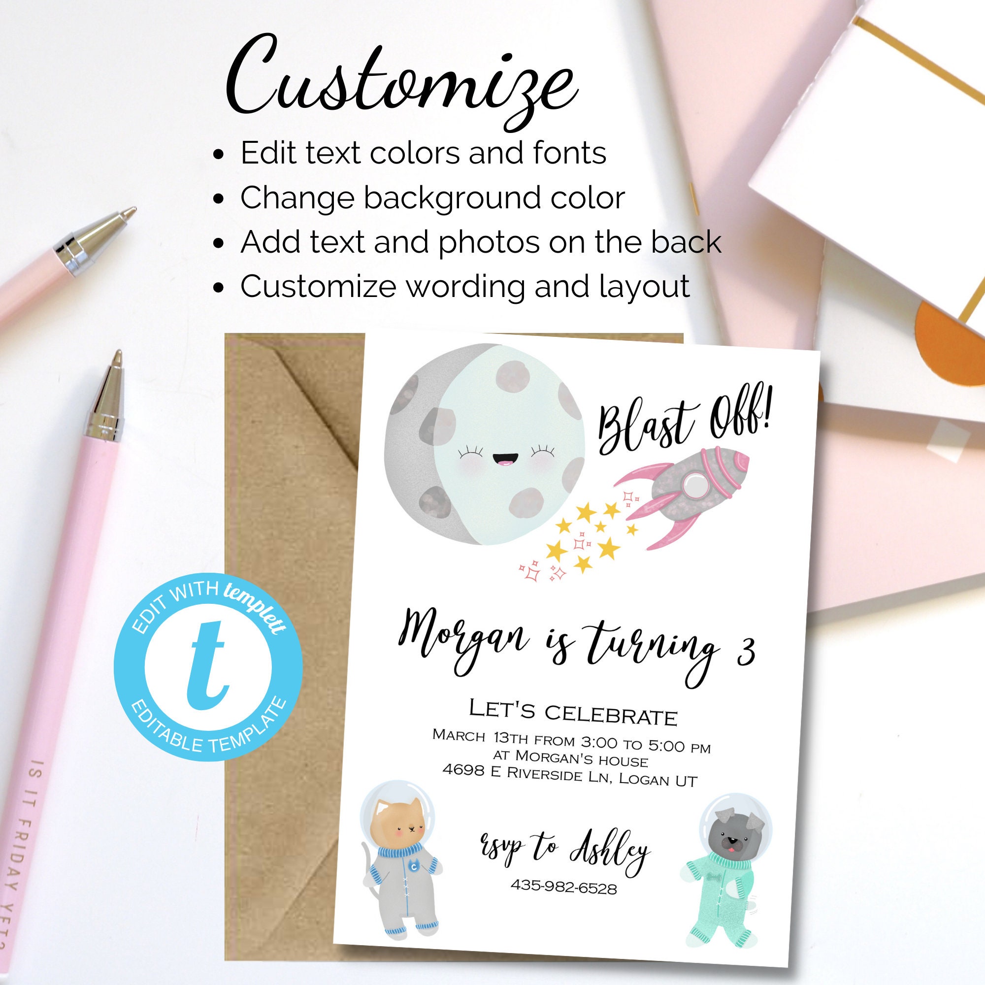 Editable OUTER SPACE Birthday Invitation: Space Birthday Party, Galaxy ...