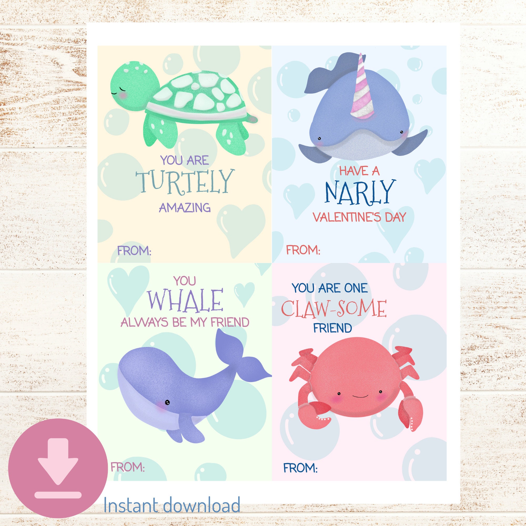 Printable Valentine's Day Cards for Kids DIGITAL DOWNLOAD Ocean Animals ...