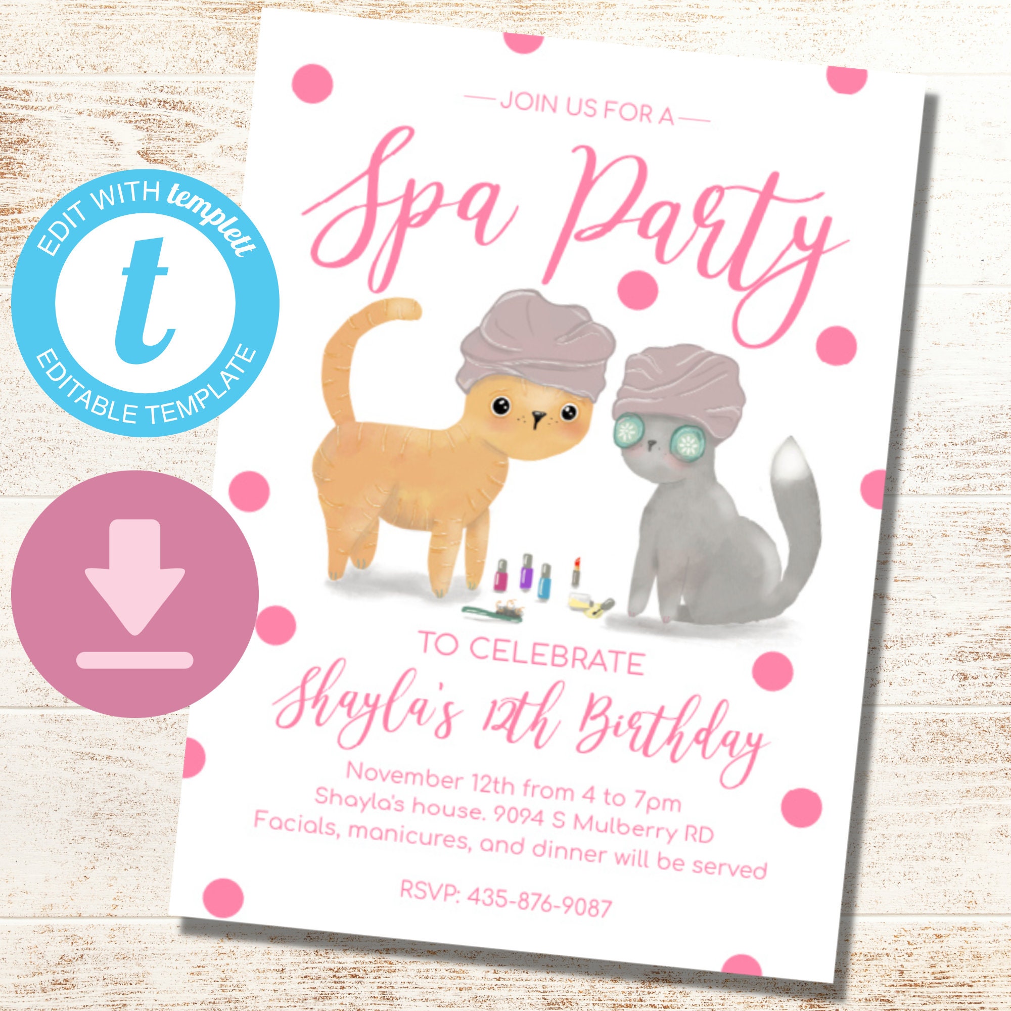 Editable Spa Birthday Party Invitation, Glam Party Digital Evite, Cat ...