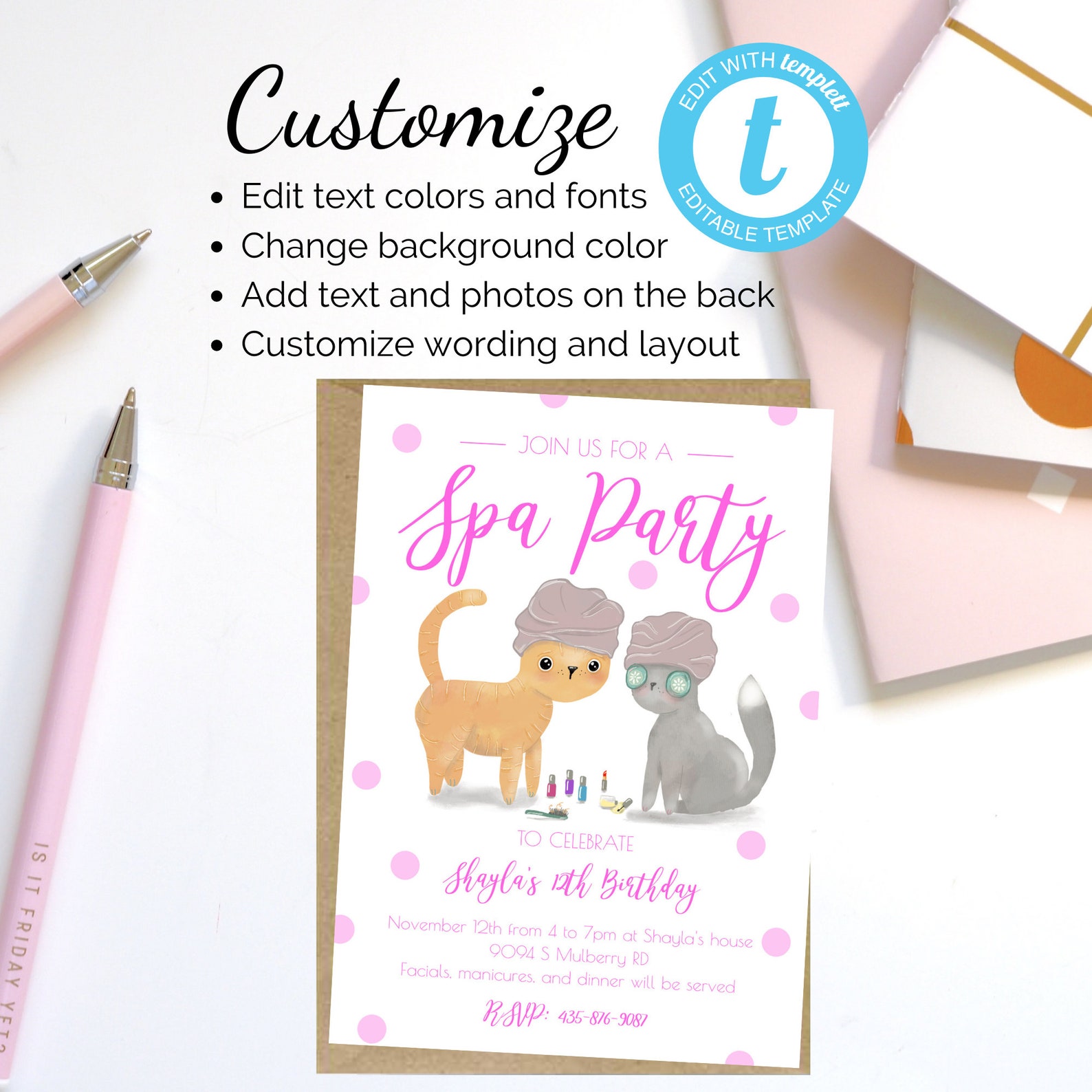 Editable Spa Birthday Party Invitation Glam Party Digital | Etsy
