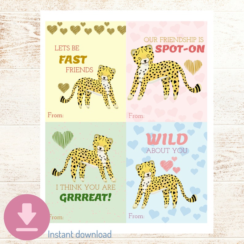 Printable Valentine's Day Cards for Kids DIGITAL DOWNLOAD Cheetah ...
