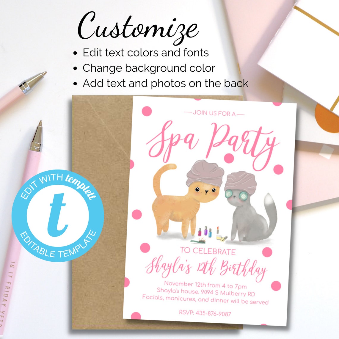 Editable Spa Birthday Party Invitation, Glam Party Digital Evite, Cat ...