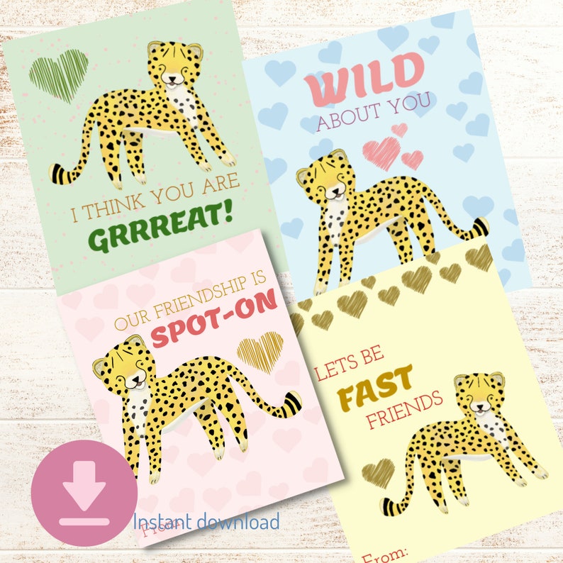 Printable Valentine's Day Cards for Kids DIGITAL DOWNLOAD Cheetah ...