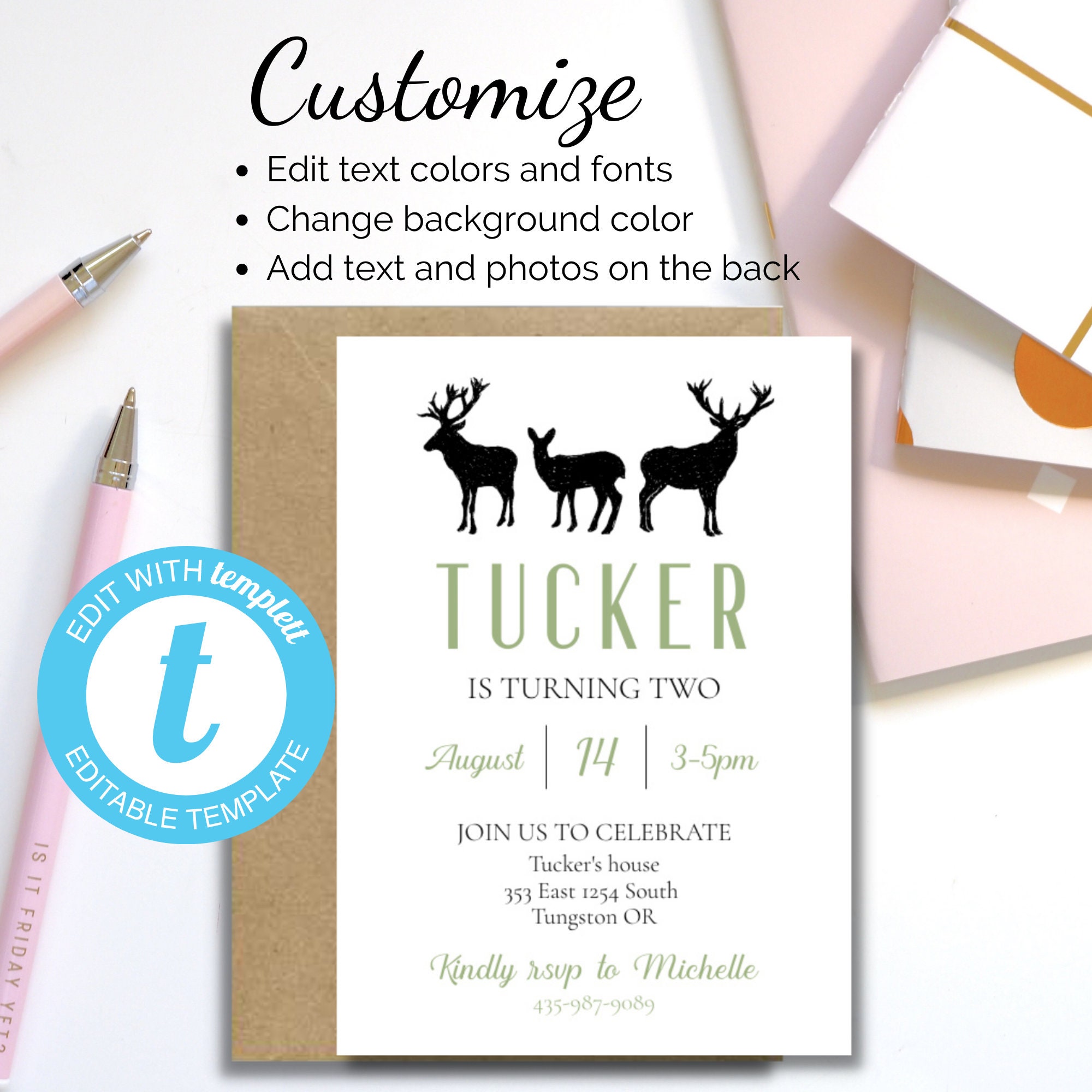 Digital Deer Birthday Invitation, Editable, Printable Hunting Birthday ...
