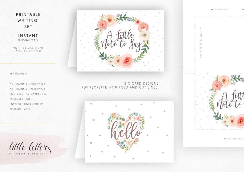 Printable Stationery Set, Letter Paper, Greeting Note Cards, Postcard ...