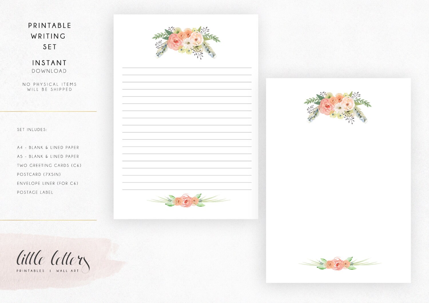 Printable Stationery Set, Letter Paper, Greeting Note Cards, Postcard ...