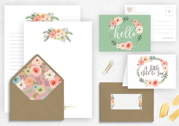 Printable Stationery Set Letter Paper Greeting Note Cards | Etsy