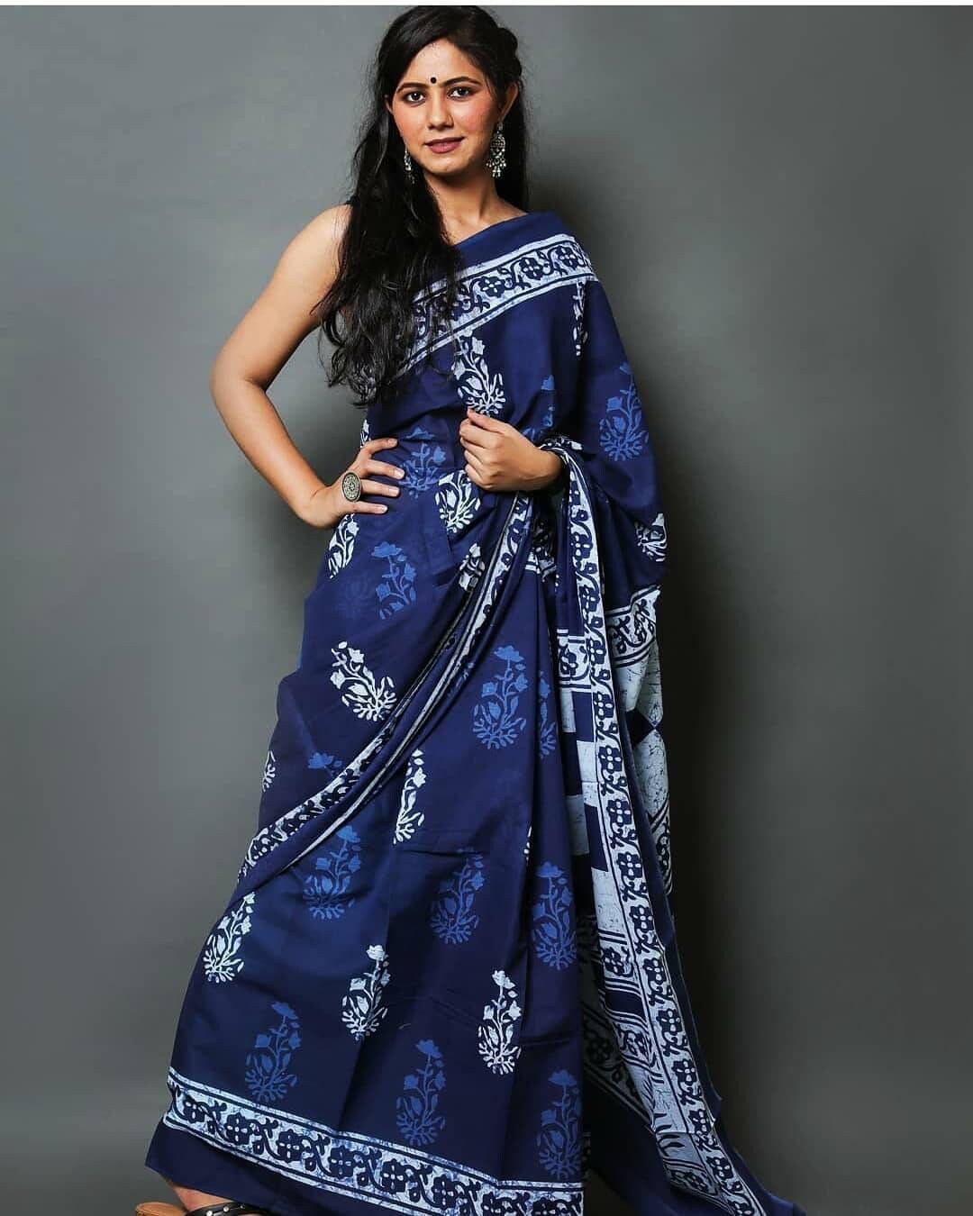 Handmade Hand Block Print Cotton Saree Blue Cotton Saree - Etsy