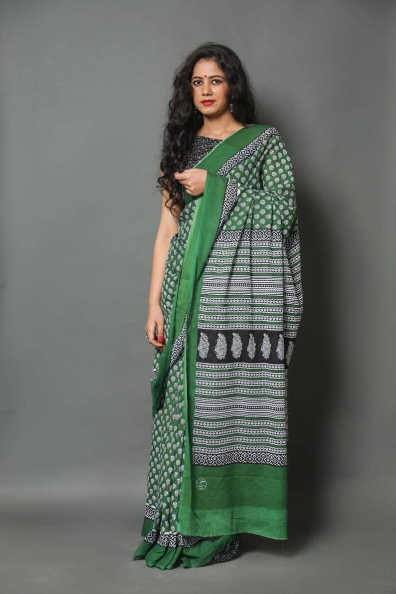 Buy Handmade Hand Block Print Cotton Saree Green Cotton Saree Online in ...