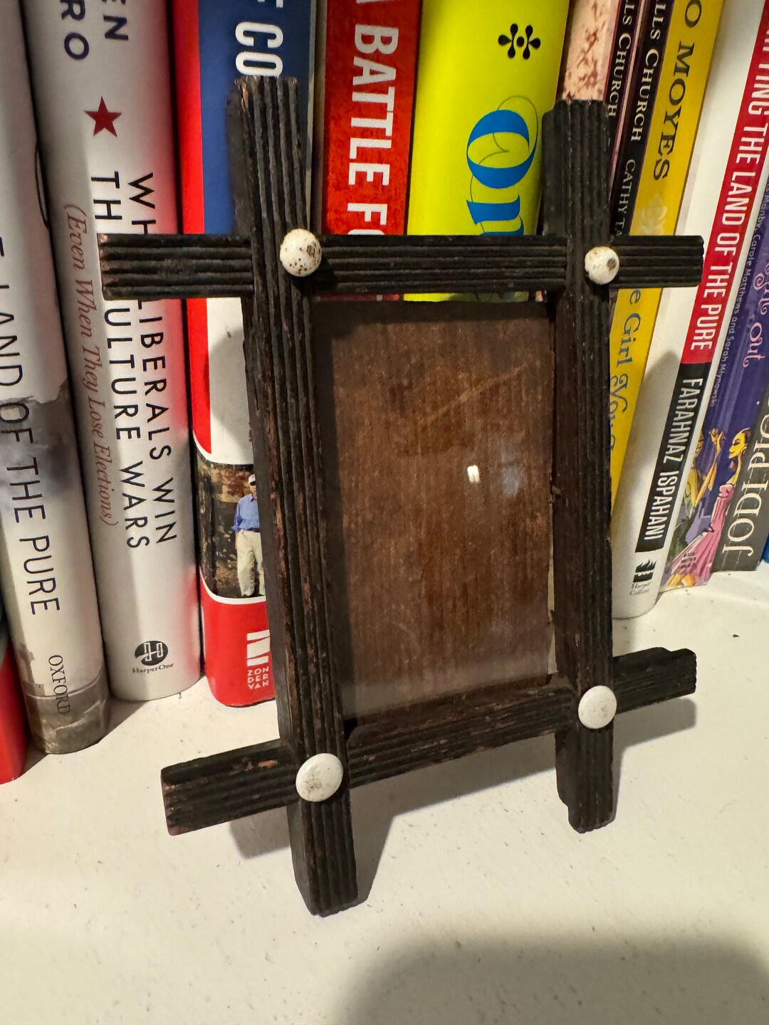 Antique Cross-corner Folk Art Wood Frame With Porcelain Corner Buttons ...