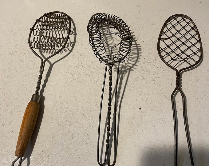 Vintage Pimitive Kitchen, Wire Spoon, Whisk Strainer, Strainer Spoon ...