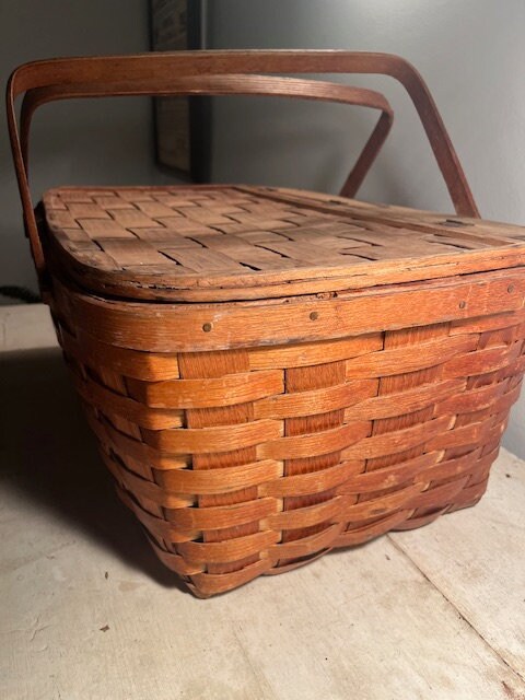 Vintage Woven Wood Picnic Basket 1940 Braided Picnic Basket With Metal ...