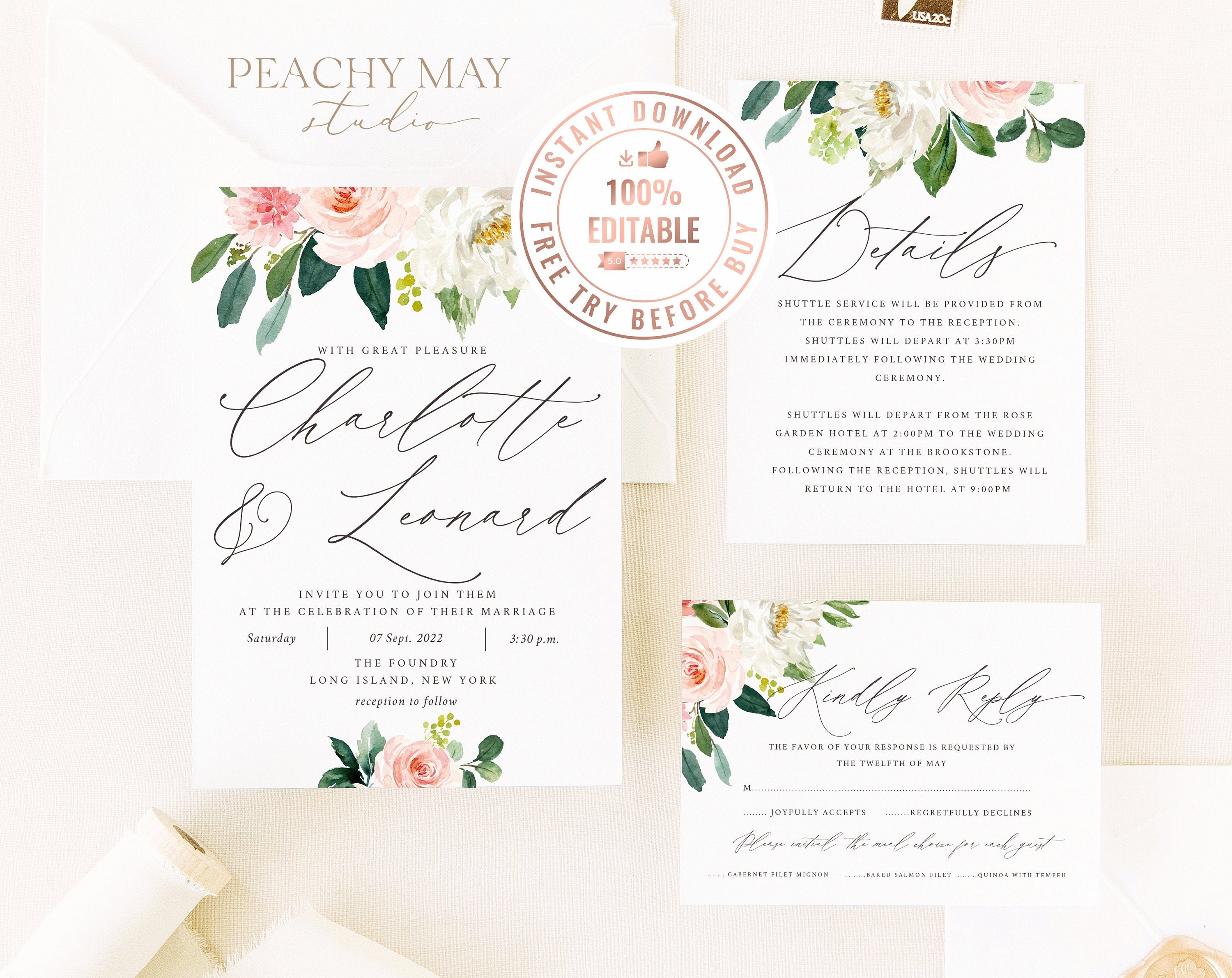 Floral Peony Wedding Invitation Template Instant Download | Etsy